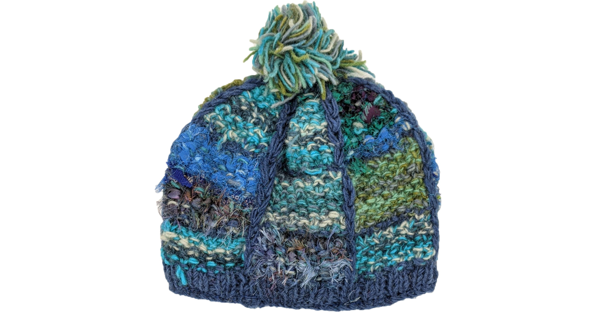 Turquoise Blue Wool and Fabric Beanie Hat with Pompom | Accessories ...