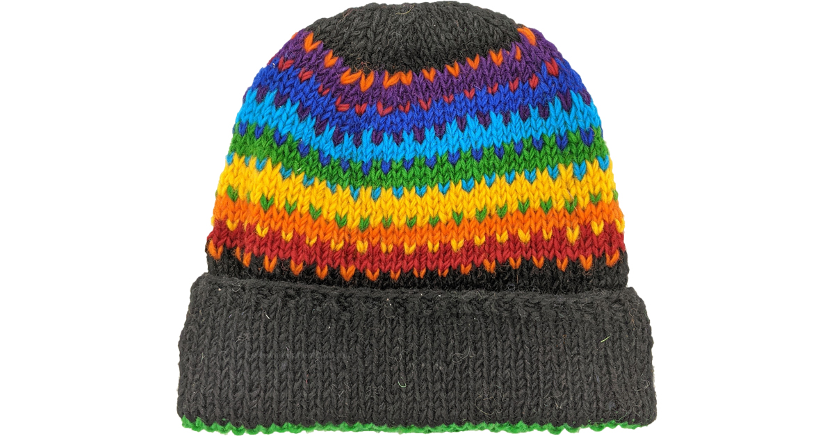 Rainbow Winter Woolen Beanie Hat in Black | Accessories | Multicoloured ...