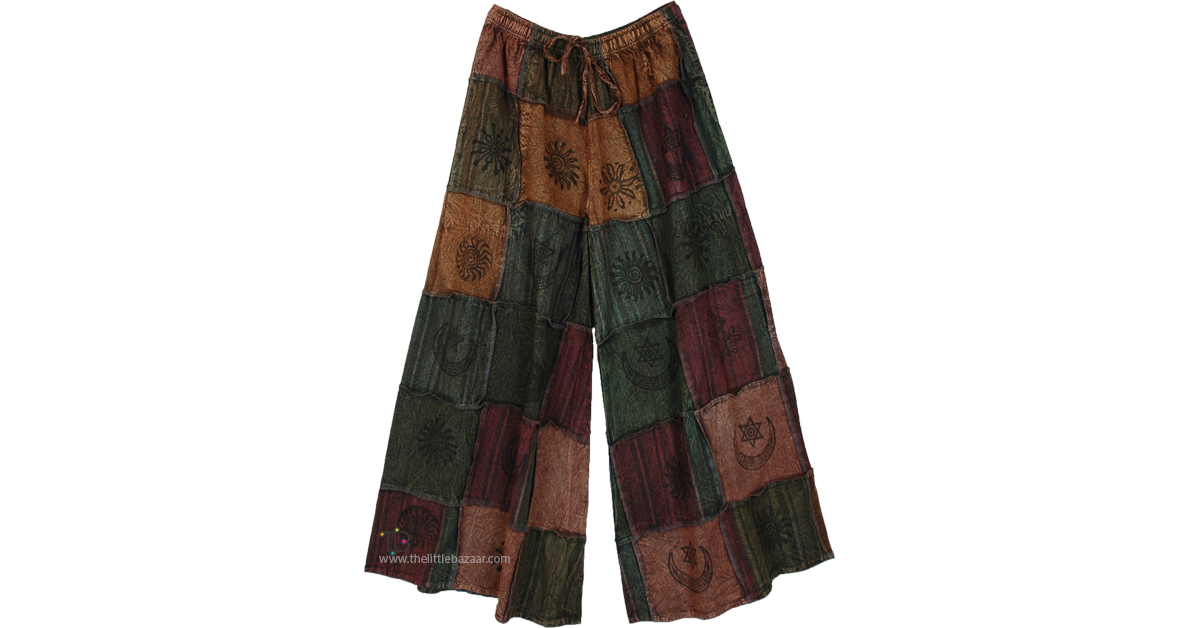 Celestial Patchwork Earthy Boho Pants Wide Leg Pants | Brown ...