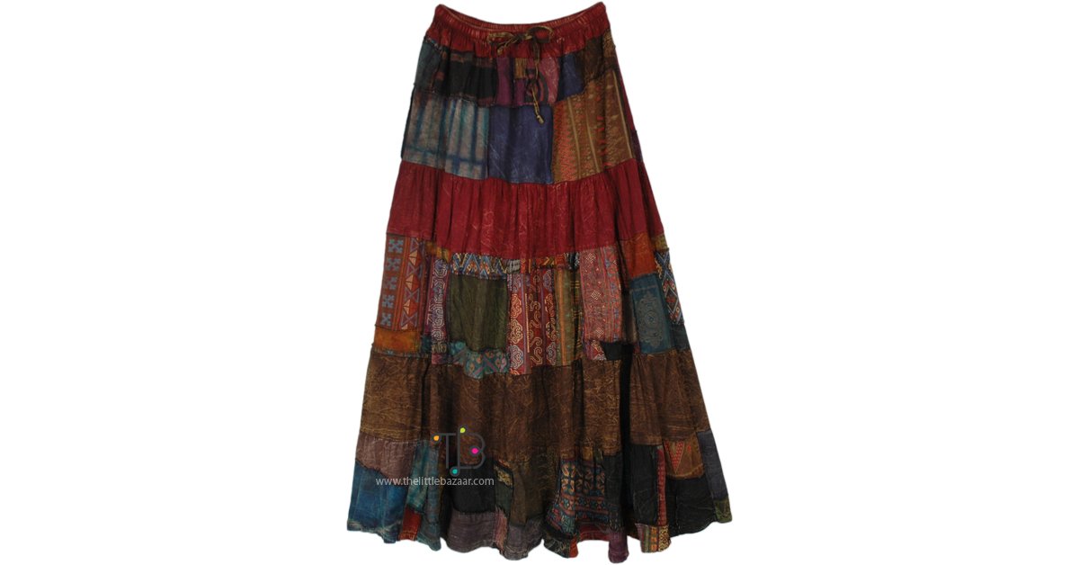 Deep Earth Cotton Patchwork Maxi Skirt | Brown | Patchwork, Printed ...
