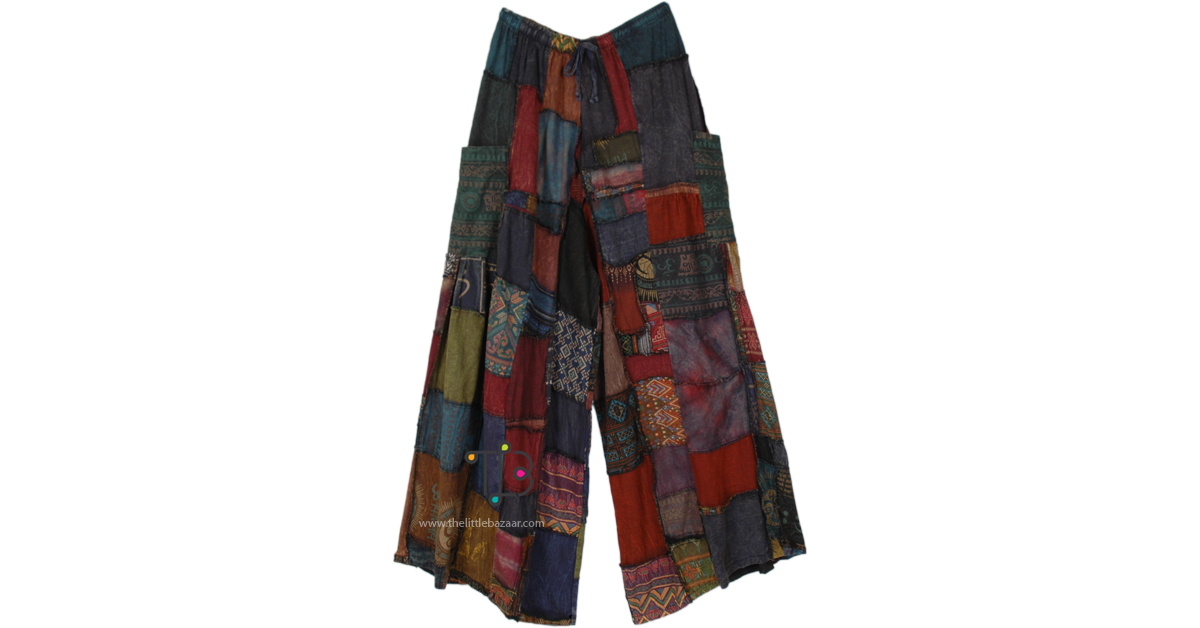 Deep Rock Patchwork Wide Leg Bohemian Pants | Brown | Split-Skirts ...