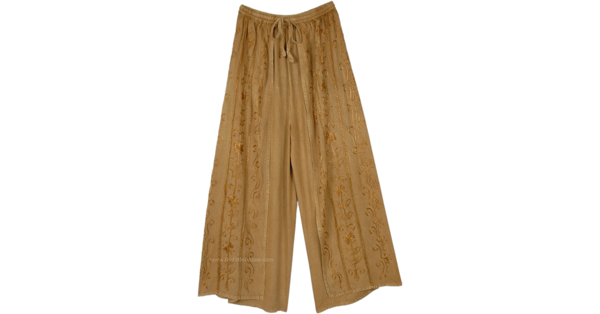 Bohemian Overlap Front Slit Pants in Mustard | Brown | Split-Skirts ...