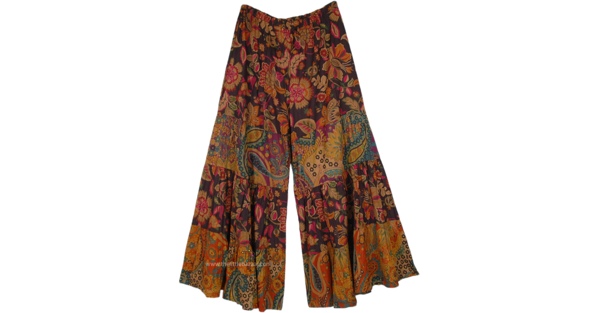 Earthy Paisley Parade Bohemian Cotton Pants | Brown | Split-Skirts ...