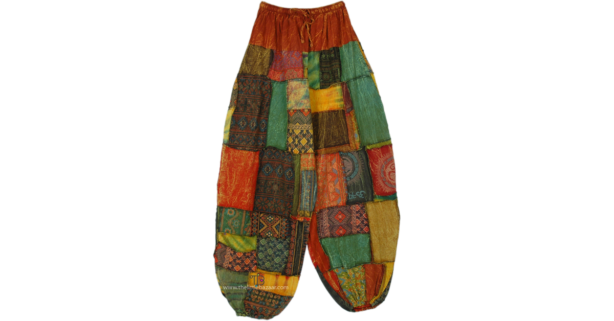 Saffron Streak Patchwork Hippie Funky Pants | Orange | Split-Skirts-Pants, Patchwork