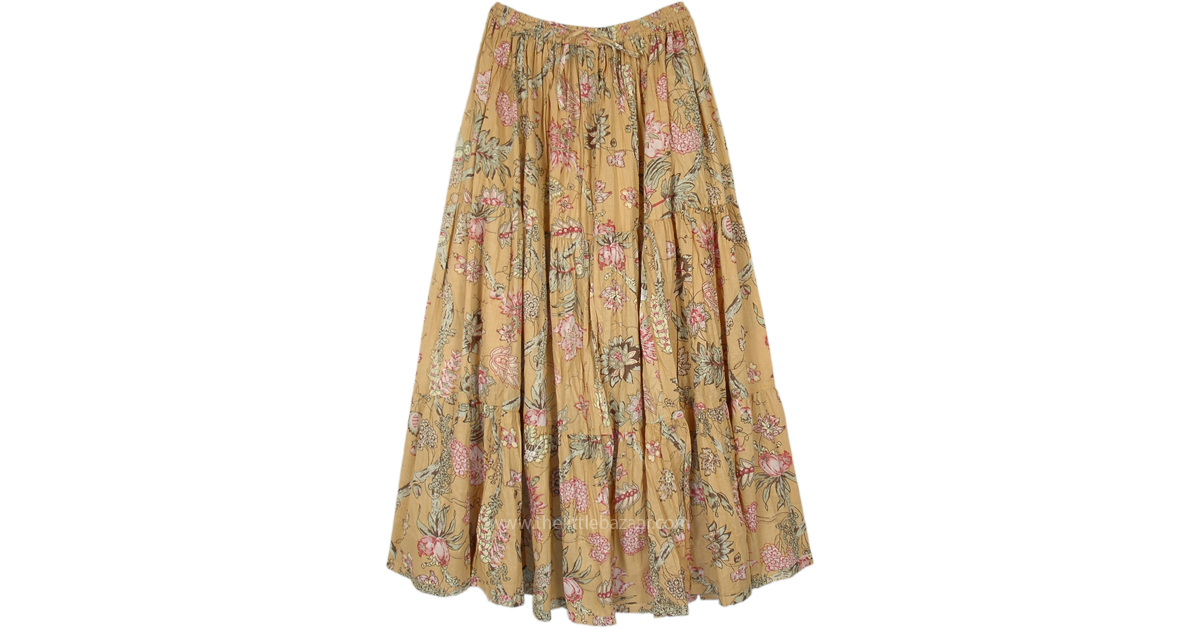 Brown Garden Floral Cotton Maxi Skirt | Brown | Crinkle, Tiered-Skirt ...