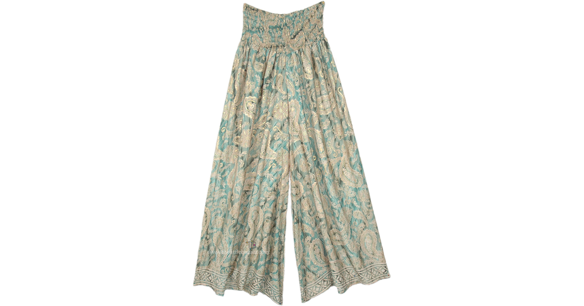 Green Gold Flowy Wide Leg Pants | Green | Split-Skirts-Pants, Beach ...