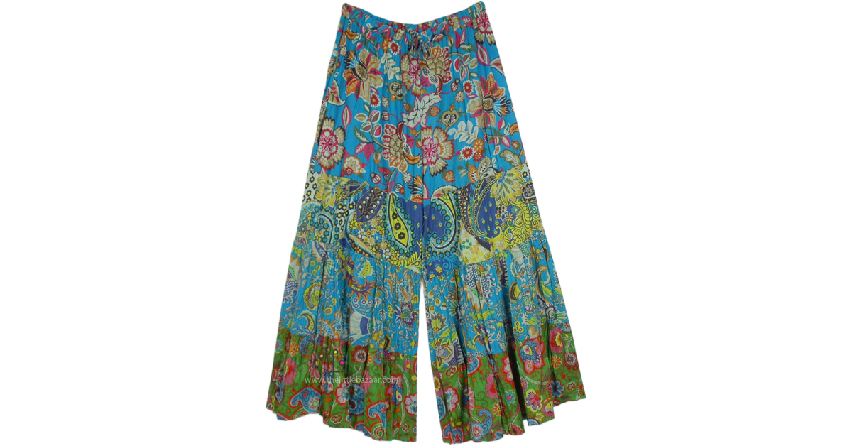 Blue Floral Panels Wide Leg Cotton Pants | Blue | Split-Skirts-Pants ...