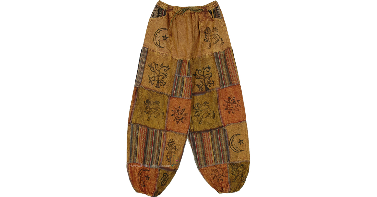 Earthy Patchwork Harem Pants with Celestial Motifs | Brown | Split ...