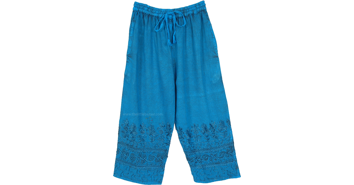 Blue Breeze Embroidered Boho Capri Pants | Turquoise | Split-Skirts ...
