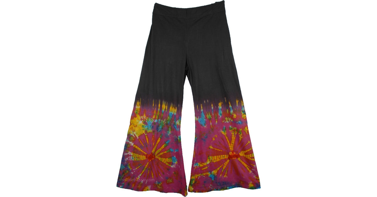 Boho Hippie Tie Dye Wide Leg Long Gaucho Pant Black Tie Dye Split