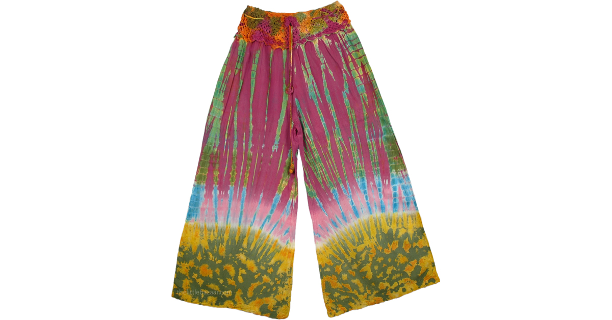 Tie Dye Hippie Pants With Crochet Yoke Yellow Split Skirts Pants