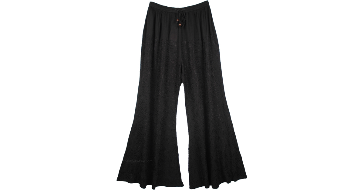 Black Embroidered Rayon Wide Leg Lounge Pants | Black | Split-Skirts ...