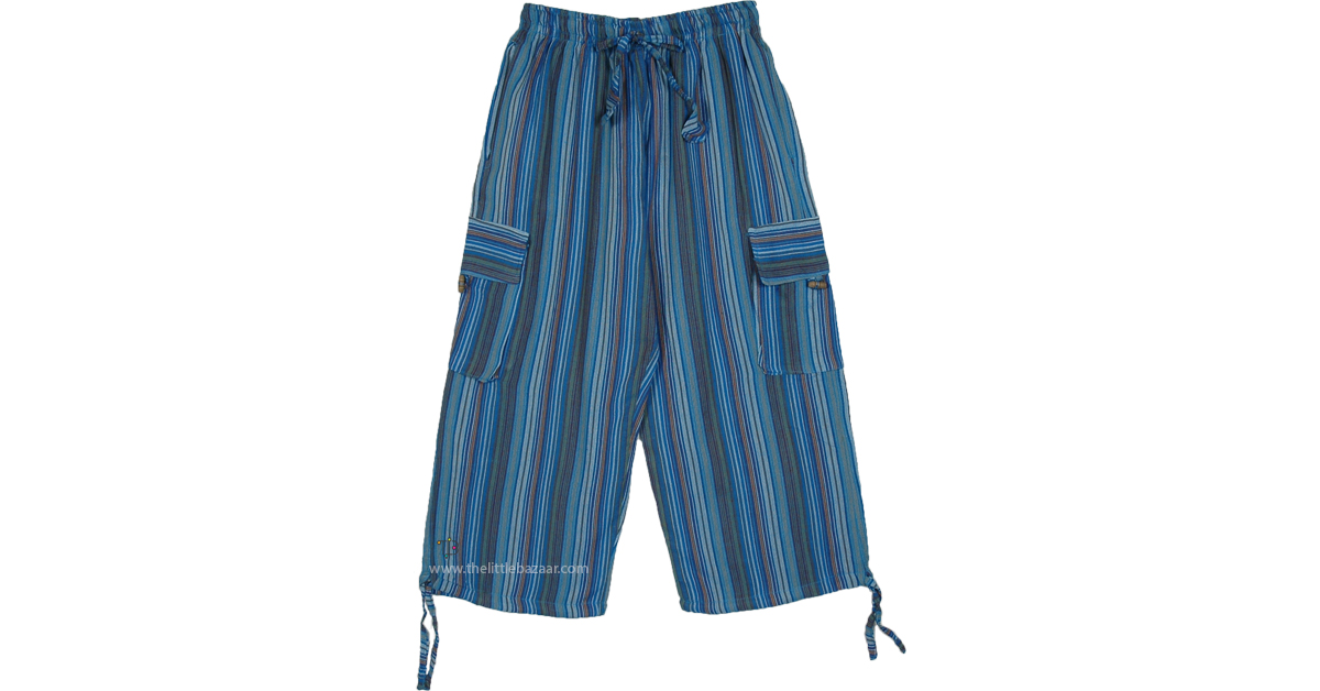 Blue Boho Striped Cotton Cargo Capris with Pockets | Blue | Junior ...