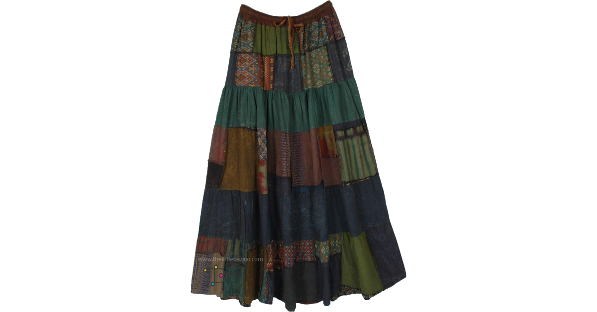 Plus Size Dark Fusion Cotton Patchwork Maxi Skirt | Green | Patchwork, Bohemian, XL-Plus
