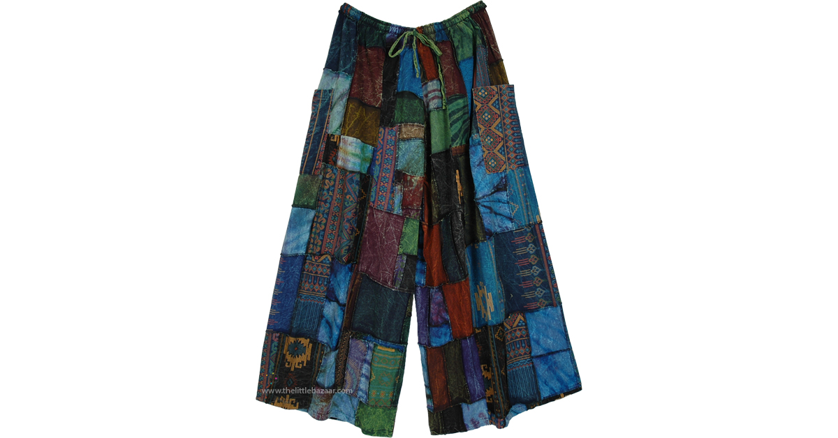 Plus Size St Tropaz Patchwork Wide Leg Boho Pants | Blue | Split-Skirts ...