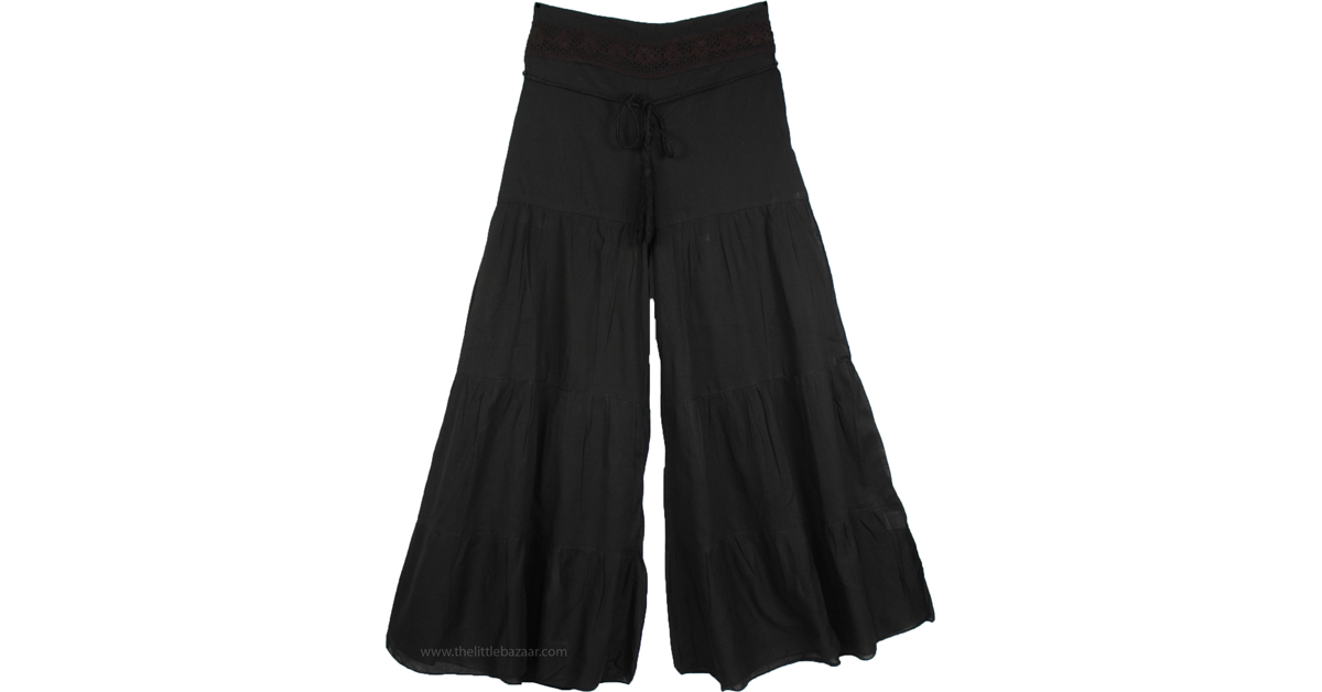 Black Cotton Wide Leg Pants Groovy Culottes | Black | Split-Skirts ...