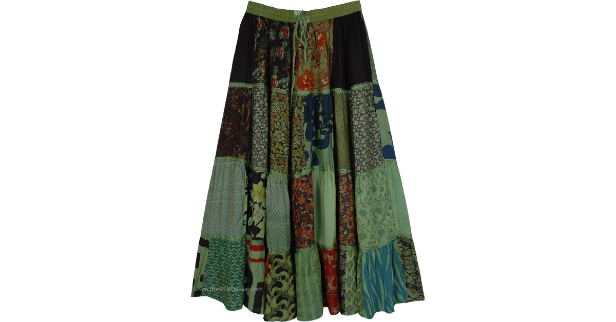 Green Harmony Artisanal Rayon Patchwork Maxi Skirt | Green | Cottagecore, Eco-Fashion, Patchwork ...