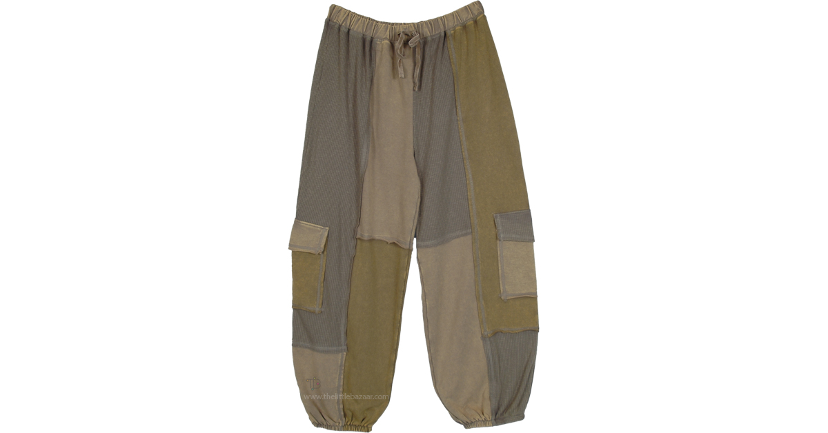 Earthy Comfort Terry Block Textured Cargo Pants | Green | Misses, Pocket