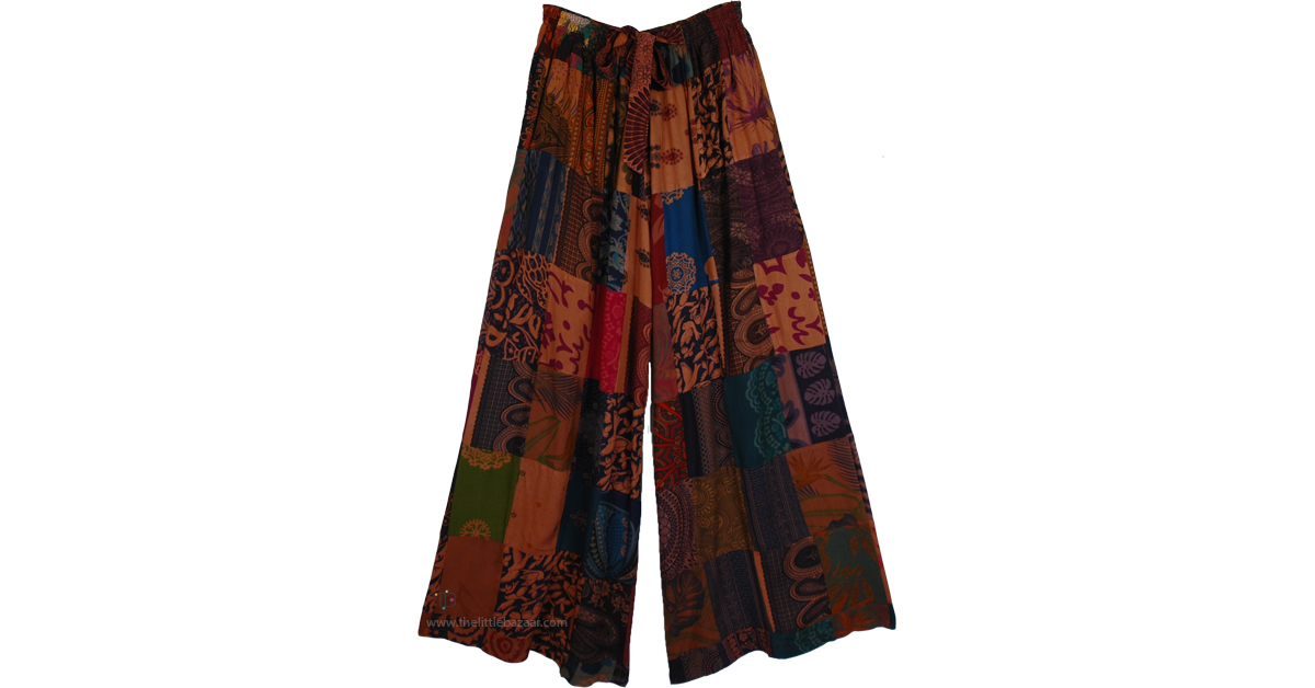 Rust Earth Tone Patchwork Wide Leg Pants | Red | Vacation, Beach, Patchwork