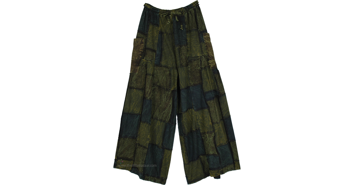 Forest Green Patchwork Wide Leg Boho Pants | Green | Split-Skirts-Pants ...