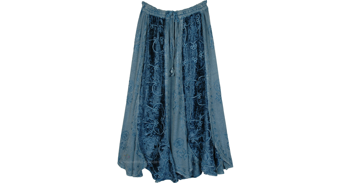 Ocean Blue Velvet Embroidered Panels Maxi Skirt | Blue | Whimsigoth, XL ...