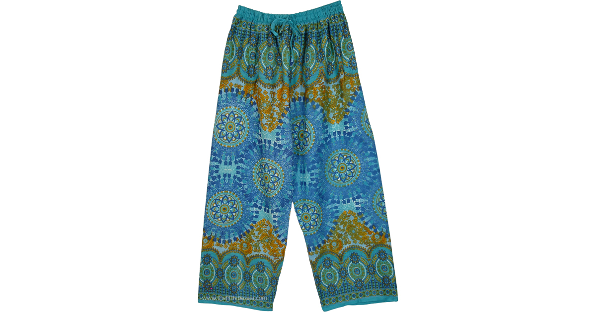 Turquoise Mandala Rayon Pants with Pockets | Blue | Split-Skirts-Pants ...