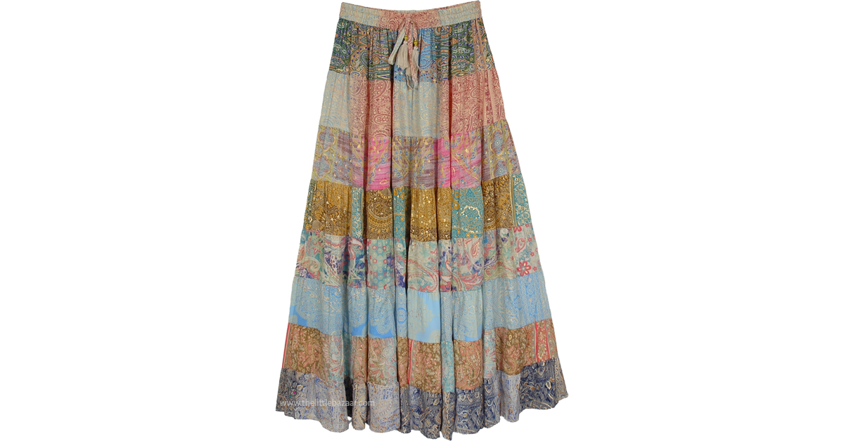Coral Sunset Multi Panel Maxi Long Skirt | Multicoloured | Patchwork ...