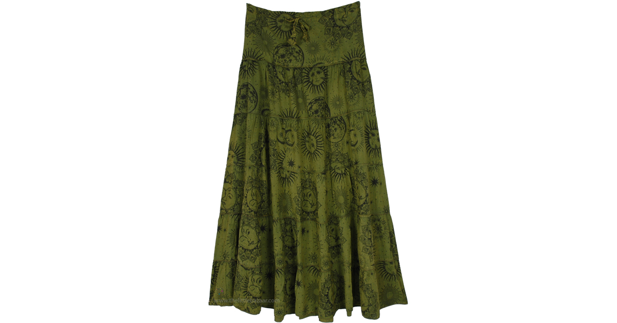 Sun Moon Long Flowy Tiered Stellar Boho Skirt | Green | Cottagecore ...