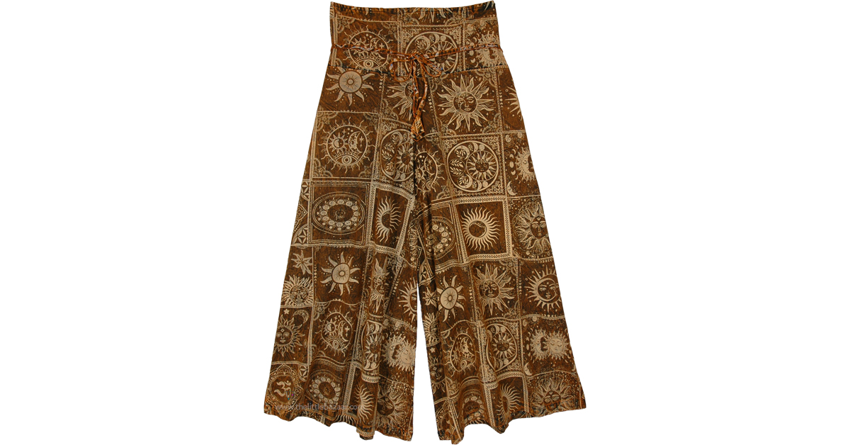 Tan Sun Moon Mystical Wide Leg Trousers | Brown | Celestial-Cosmic ...