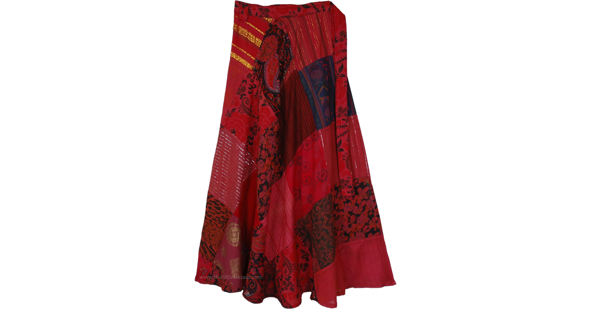 Crimson Tinsel Holiday Boho Patchwork Wrap Skirt | Red | Wrap-Around ...