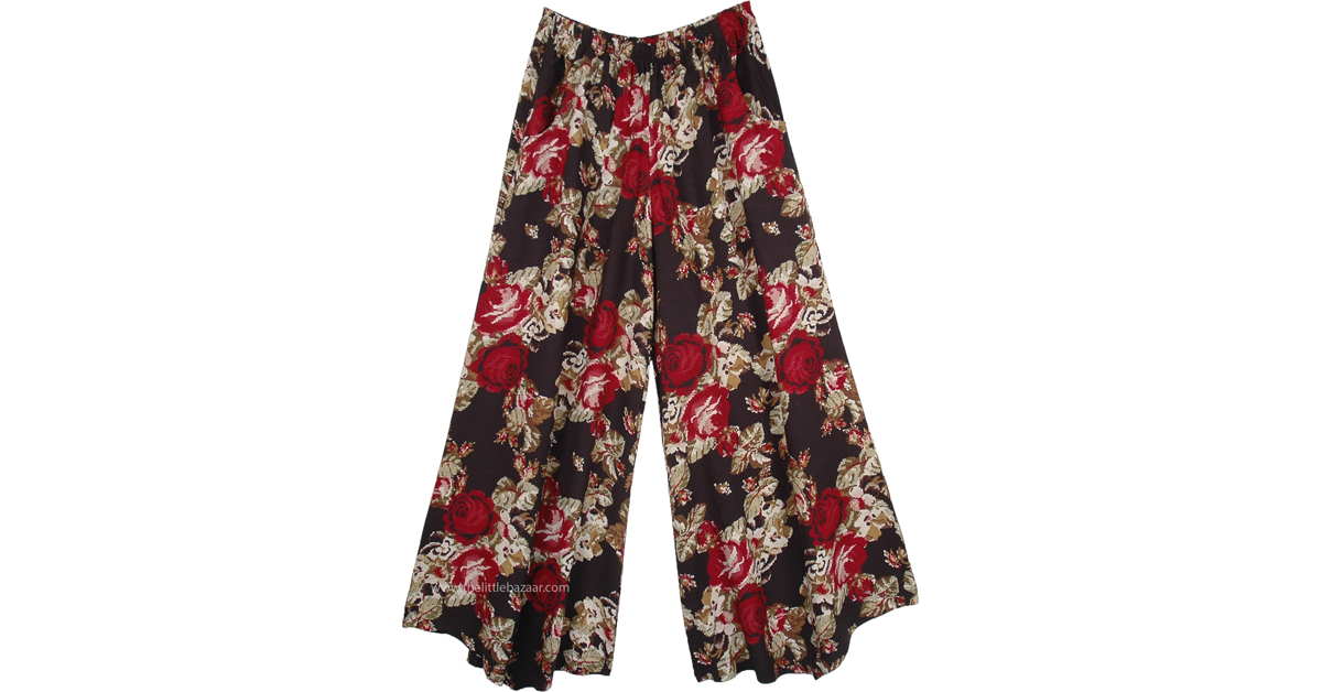 Red Rose Wide Leg Palazzo Pants with Side Pockets | Black | Split ...