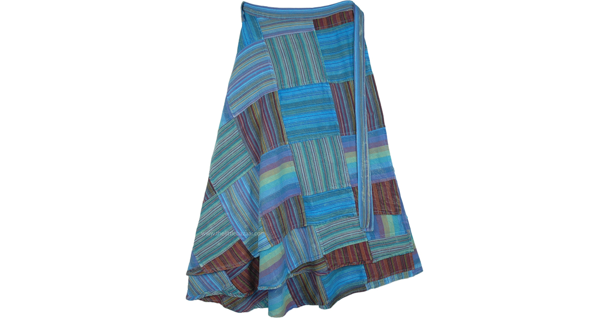 Plus Size Striped Blue Patchwork Cotton Wrap Around Long Skirt | Blue ...