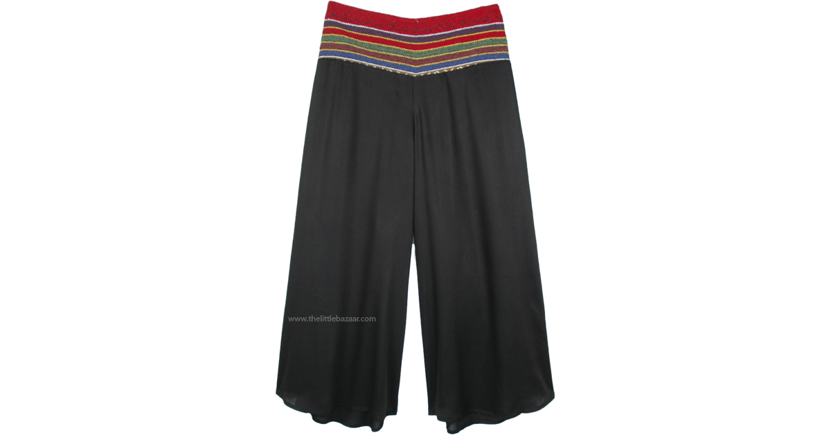 Black Rayon Summer Pants with Hand Woven Cotton Waistband | Black ...