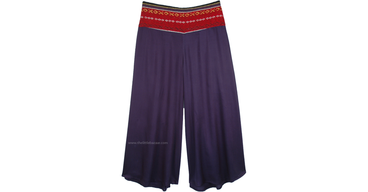 Navy Palazzo Rayon Pants with Woven Cotton Waistband | Blue | Split ...