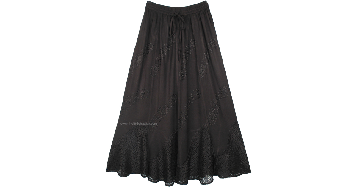 Western Rodeo Jet Black Boho Skirt with Embroidery | Black ...