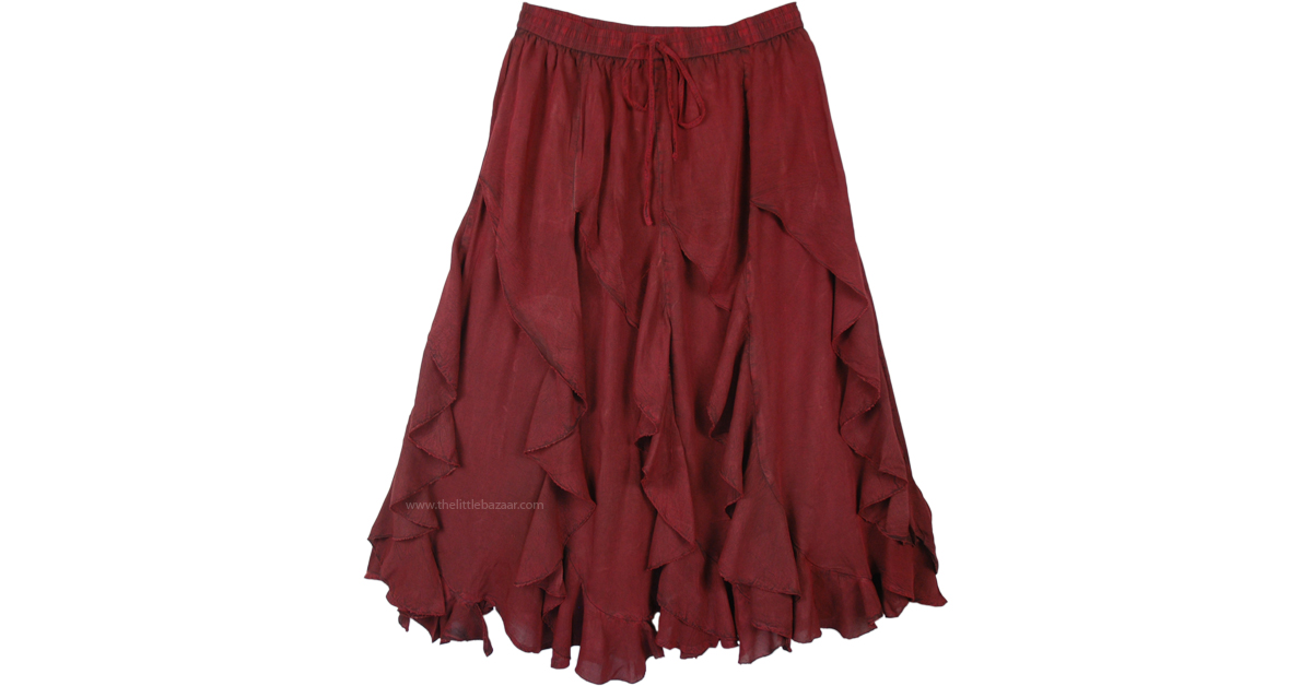 Deep Wine Berry Spiral Ruffles Stonewashed Gypsy Skirt | Red ...