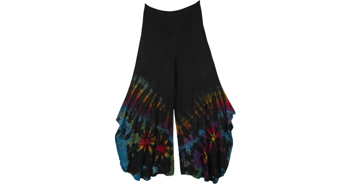 Black Rainbow Tie Dye Side Cut Palazzo Pants For Women Black Split