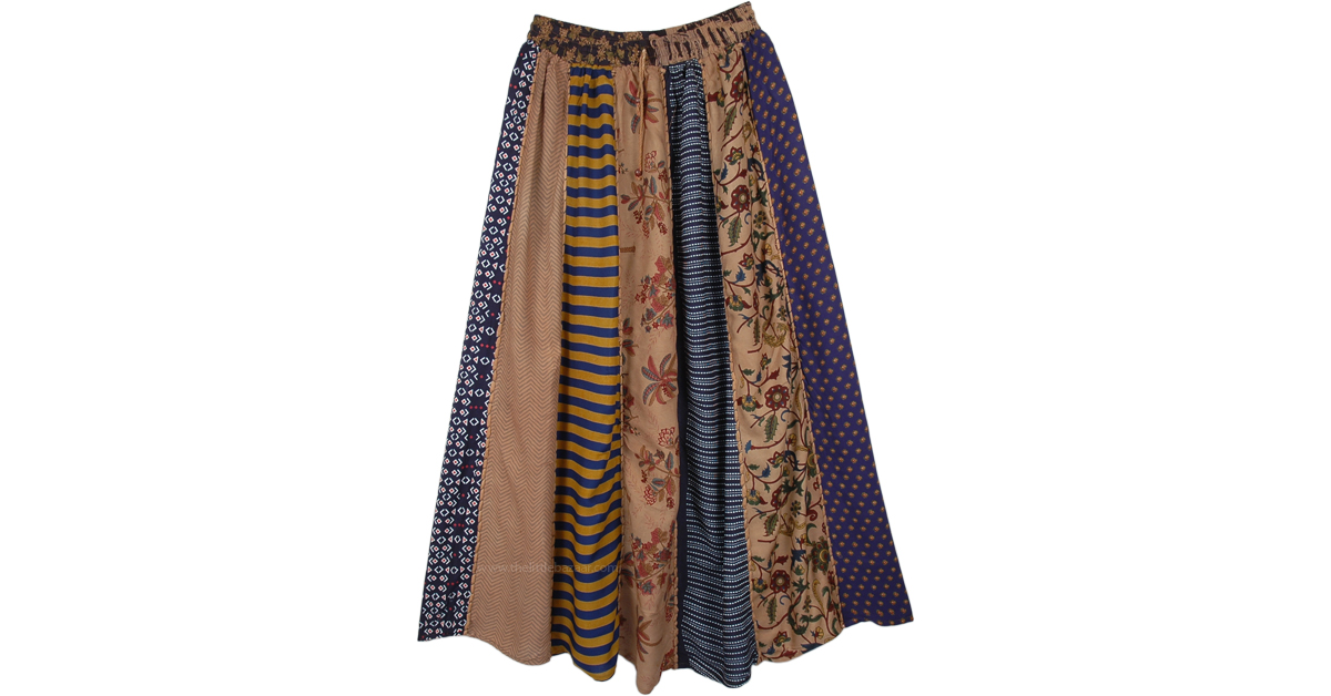 Boho Mixed Print Vertical Patchwork Long Skirt | Brown | Patchwork ...