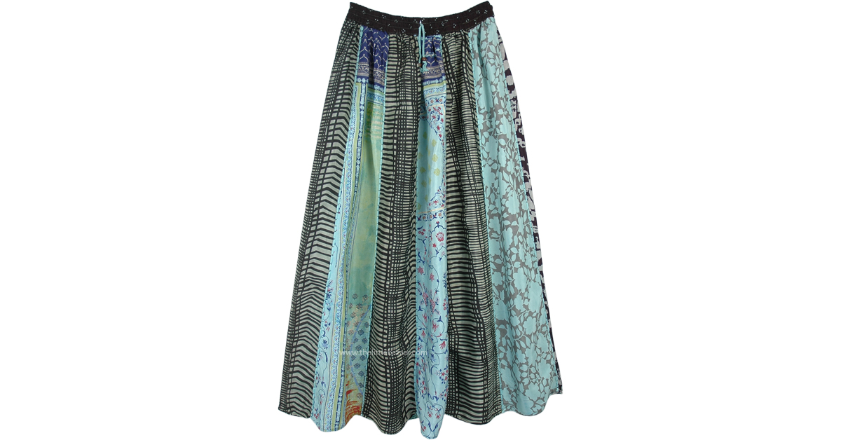 Blue Hues Summer Vertical Patchwork Boho Long Skirt | Blue | Patchwork ...