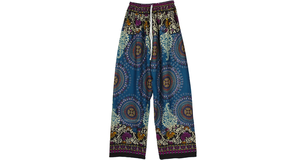 Teal Mandala Printed Wide Leg Rayon Pants | Blue | Split-Skirts-Pants ...