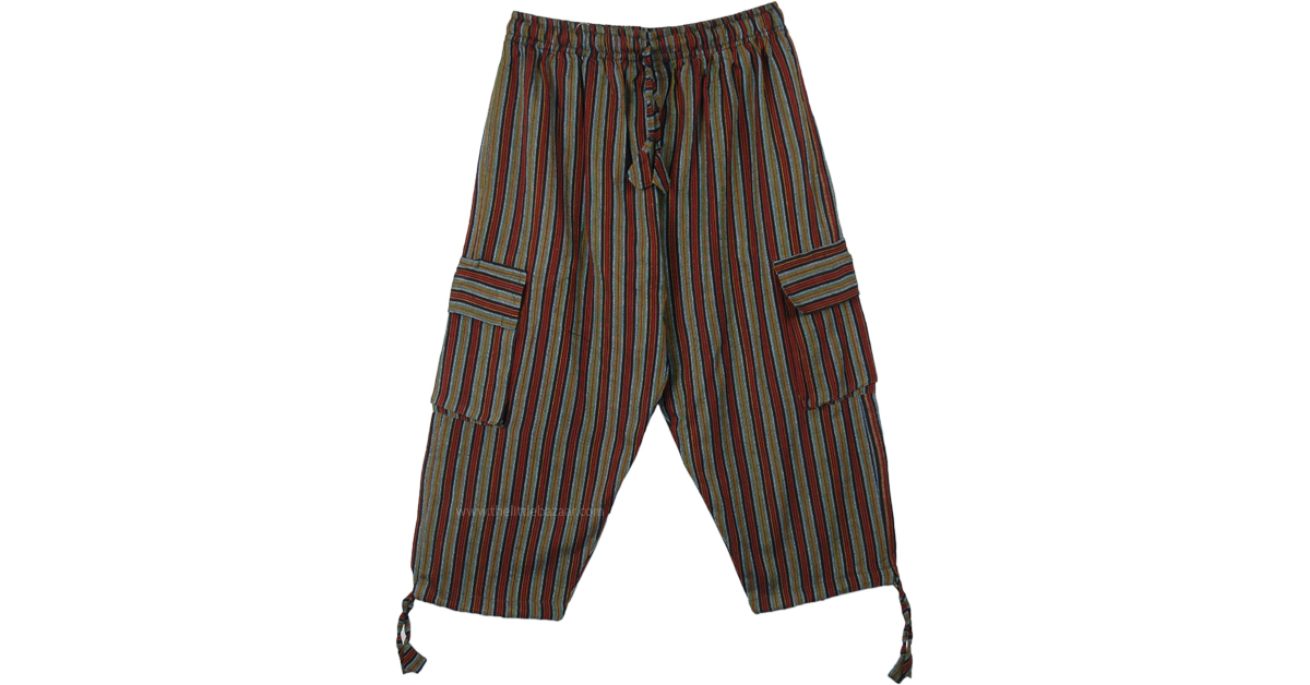 Hippie Woods Striped Boho Capri Pants with Pockets | Brown | Split ...