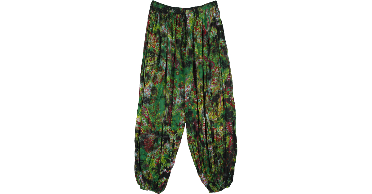 Crete Green Crinkled Cotton Ankle Elastic Pants | Green | Split-Skirts ...