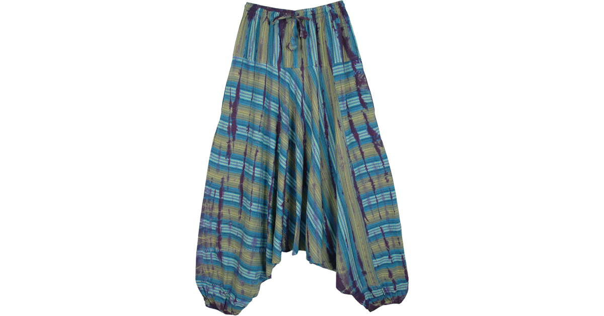 Blue Lagoon Cotton Striped Tie Dye Aladdin Pants | Blue | Split-Skirts ...