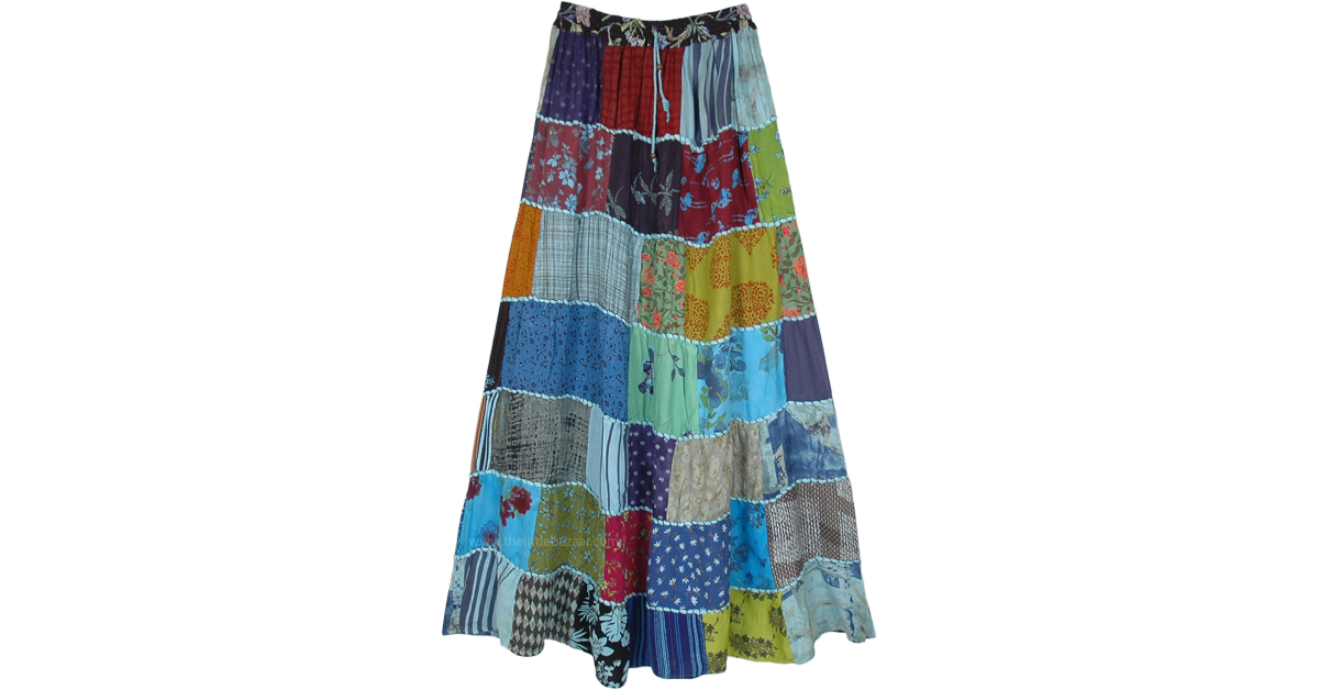 Blue Hues Patchwork Rayon Long Skirt with Thick Thread | Multicoloured ...