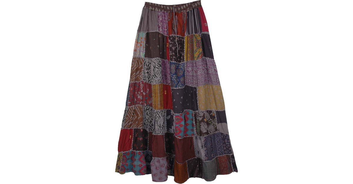 Rayon Long Patchwork Skirt with Square Dori in Grey | Multicoloured ...