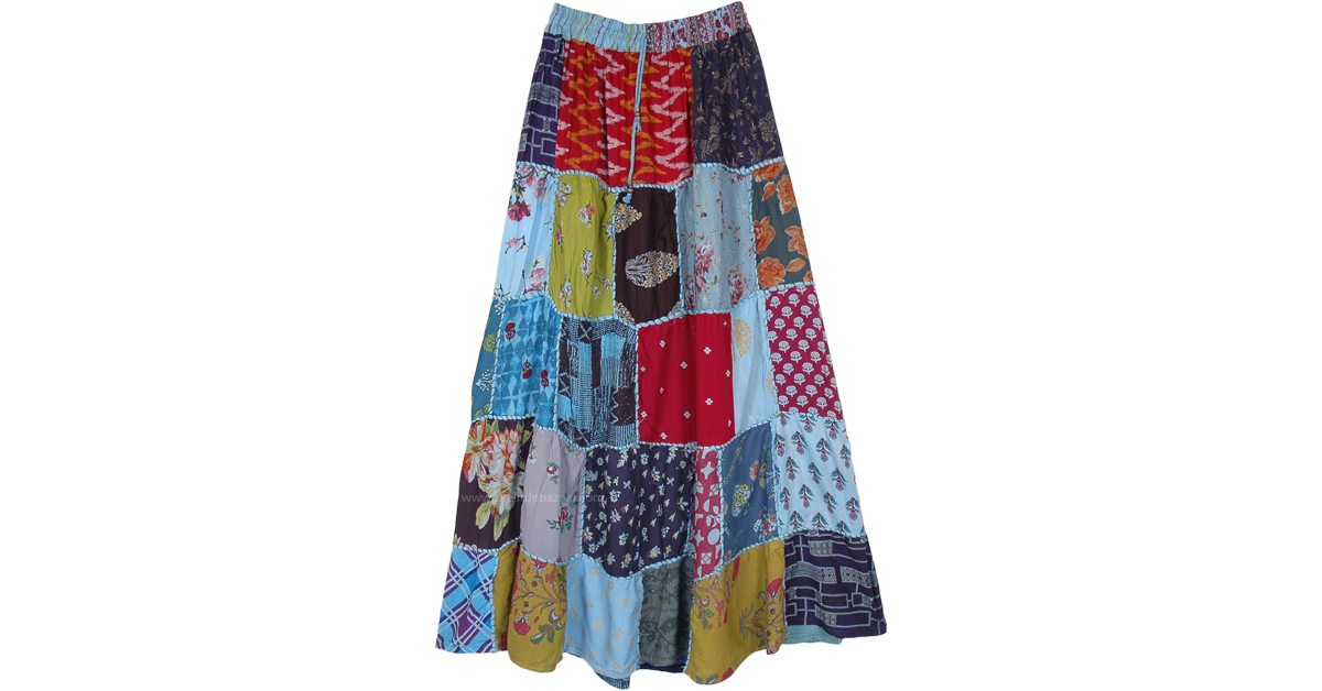 Elegant Blues Mixed Patchwork Rayon Long Skirt | Multicoloured ...