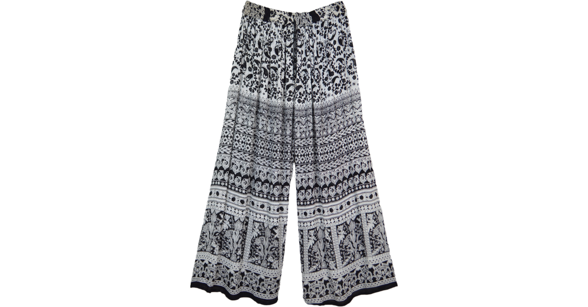 Ethnic Print Black and White Wide Leg Palazzo Pants | Black | Split ...