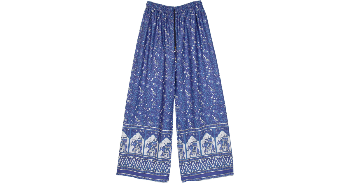 Cobalt Blue Palazzo Pants with Traditional Elephant Print | Blue ...