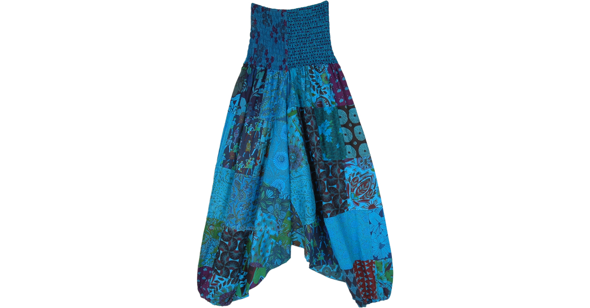 Blue Lagoon Patchwork Aladdin Pants with Smocked Waist | Blue | Split ...