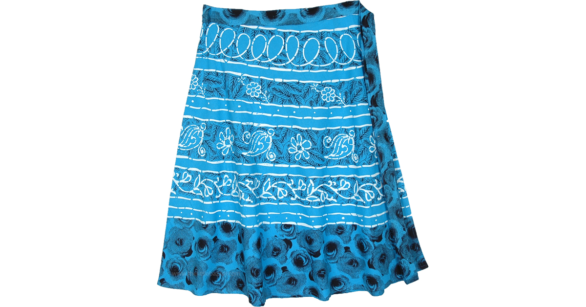 Azure Sky Floral Plus Size Midi Wrap Around Skirt | Blue | XL-Plus